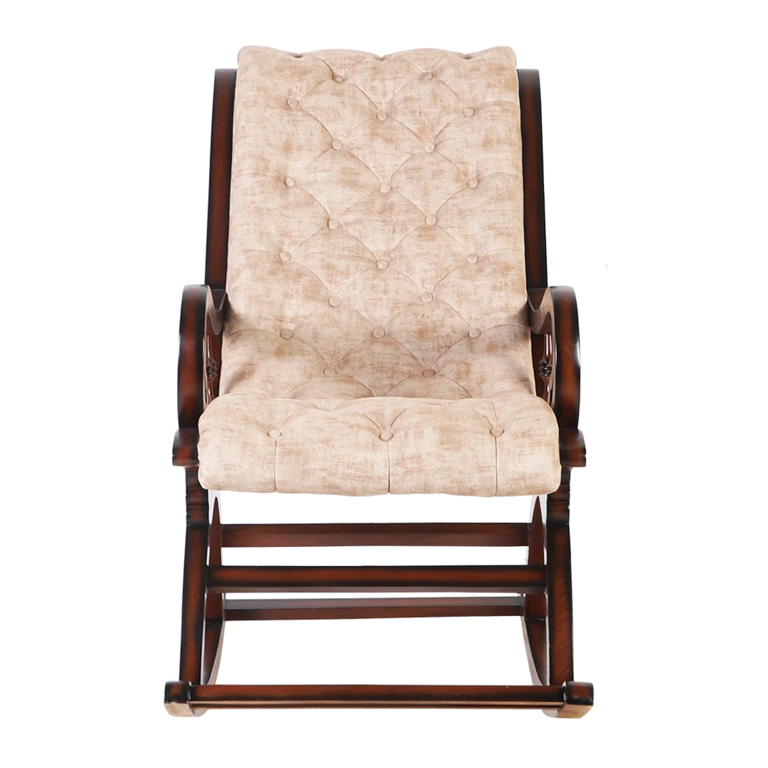Touffy Mahogany Beige Fabric Upholstered Teak Rocking Chair