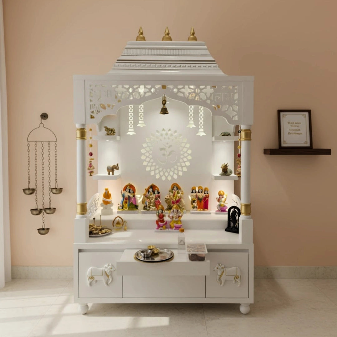 Mandirs | Teak Wood Pooja Mandir | Saarthaka White Gold Color – DZYN ...